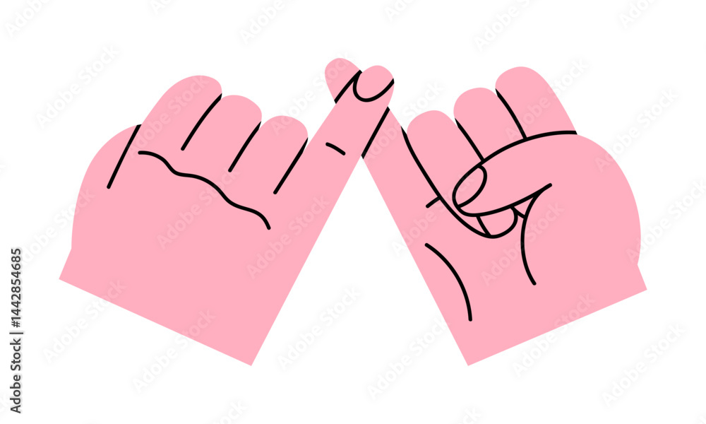 Hand drawn cute cartoon illustration two hands little finger crossing. Flat vector pinky promise ...