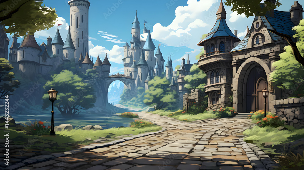 Cobblestone Street Leading to a Grand Medieval Castle with Stone ...