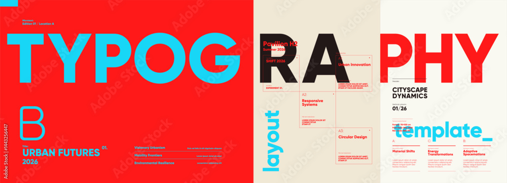 Experimental posters with ultra-minimalist typography layouts, vibrant ...