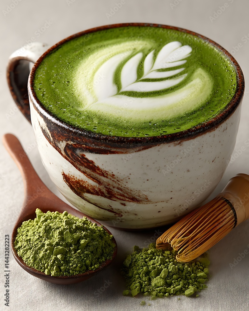 Stock-Illustration „Matcha latte in cup w/ wooden spoon, whisk, showing ...