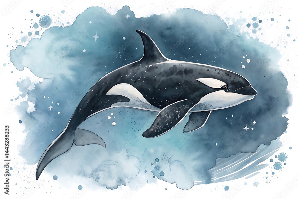 Watercolor painting of an orca whale swimming in blue water with bubble ...