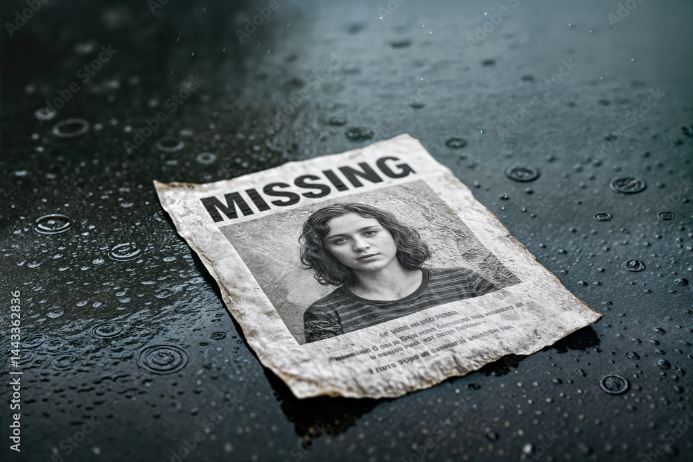 Soaked by Rain Water Missing Person Poster with Lost Woman Photo Lying ...