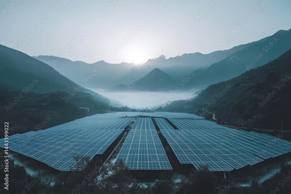 Vast solar farm stretches across valley, mountains in background Sun ...