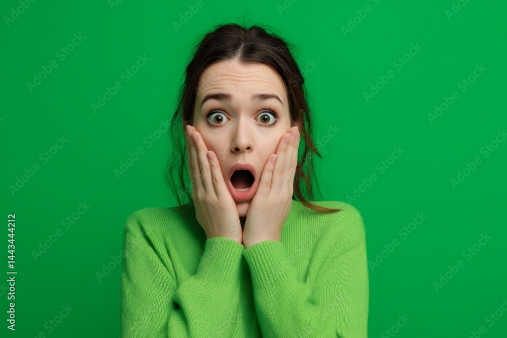 Young woman expressing shock with hands on her face, mouth open in surprise against a vibrant ...