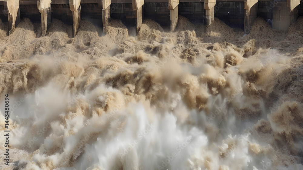 powerful water surge from massive dam culverts, dam overflow with ...