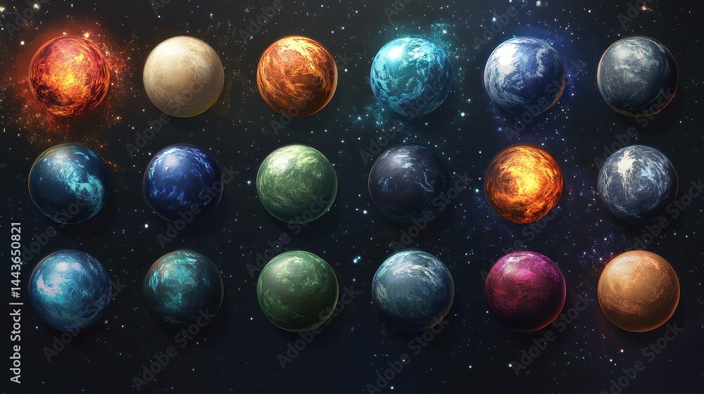 Variety of planets in space with diverse colors and textures against a ...