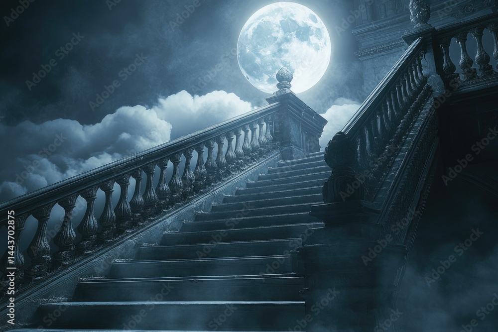 Grand staircase leading to the moonlit sky. Massive stone steps ascend ...