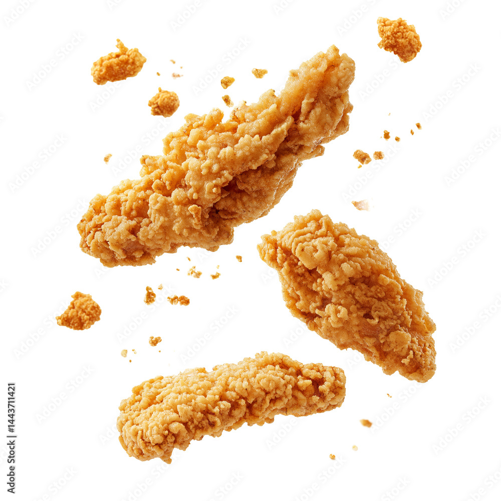 Fried chicken tenders flying isolated on white background. Crispy and ...
