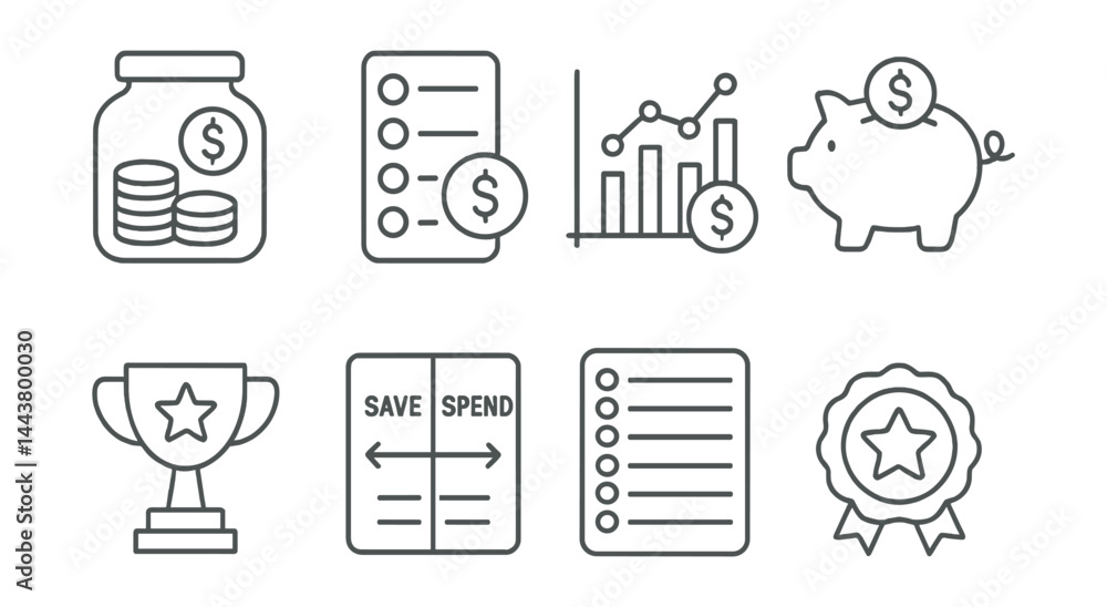 Line vector icons of budgeting for kids: coin jar, allowance tracker ...