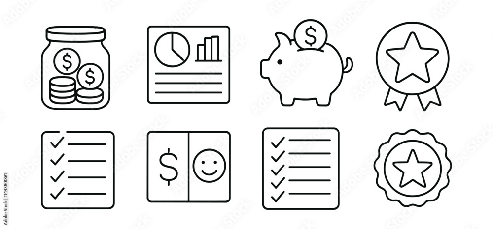 Line vector icons of budgeting for kids: coin jar, allowance tracker ...
