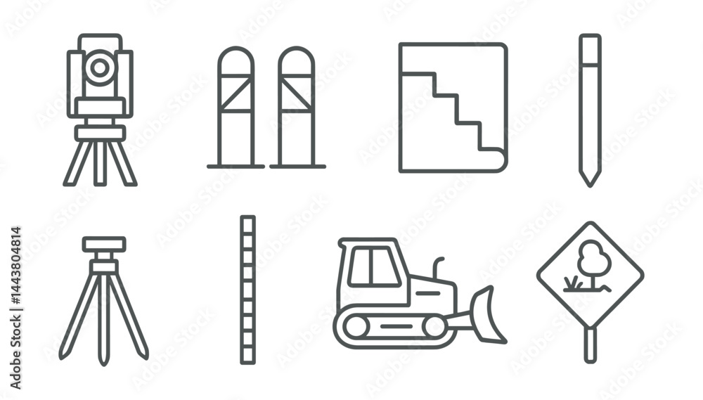 Line style icons of site preparation: land survey tool, boundary ...