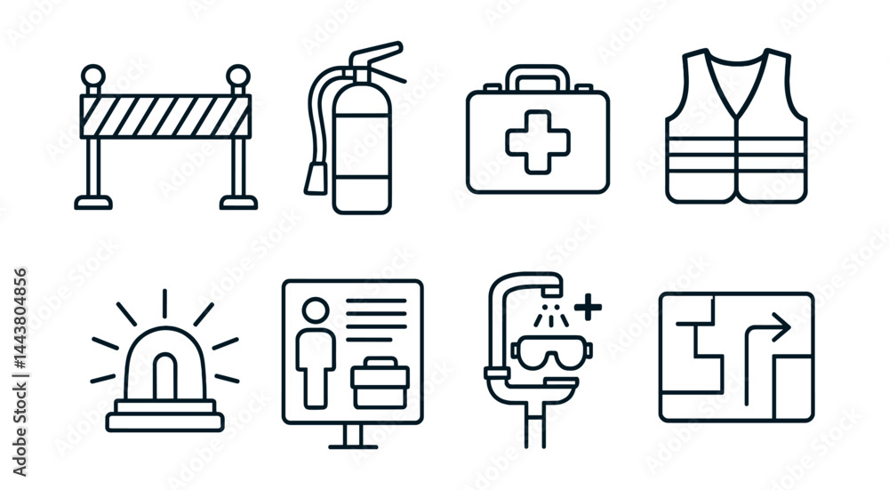 Line style icons of site safety: safety barrier, fire extinguisher ...