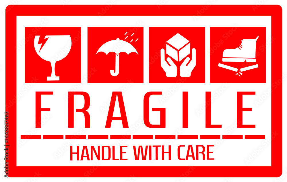 sticker fragile handle with care, red fragile warning label with broken glass symbol, this side ...