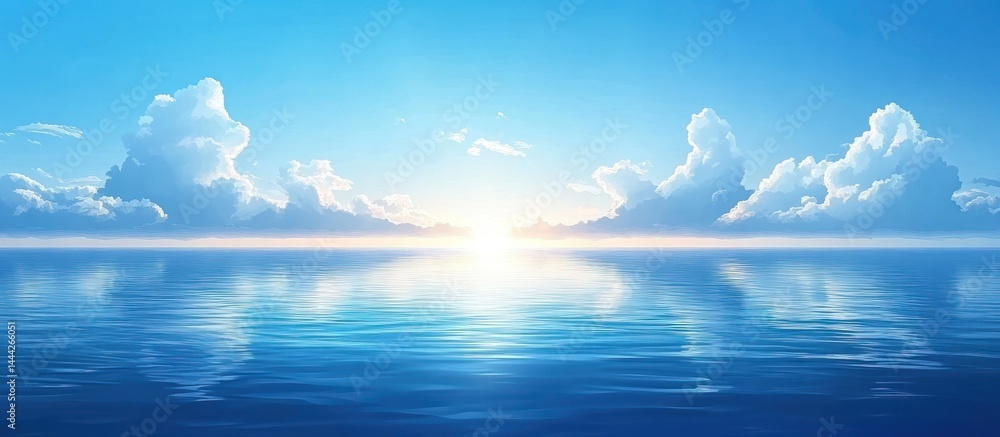Calm ocean sunrise, fluffy clouds, website banner Stock Photo | Adobe Stock