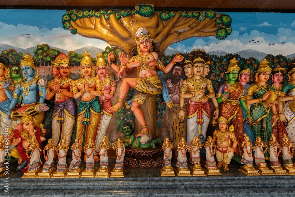 Mural in the temple featuring Shiva, Lord Vishnu, Lord Brahma, Lord ...