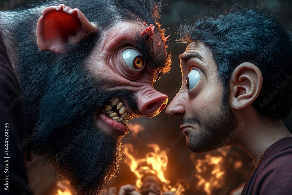 A man and a monkey face to face in front of a fire Stock Illustration ...
