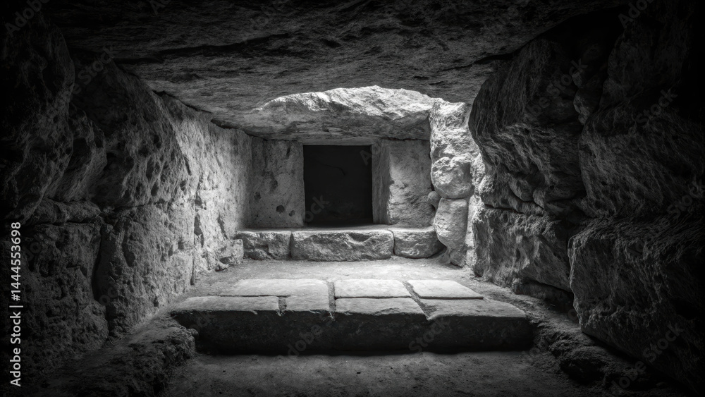Exploring the empty tomb interior ancient burial site black and white ...