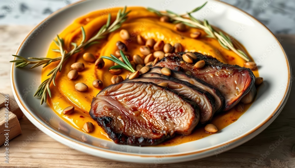 Pan-seared duck breast, smooth pumpkin puree, toasted pepitas ...