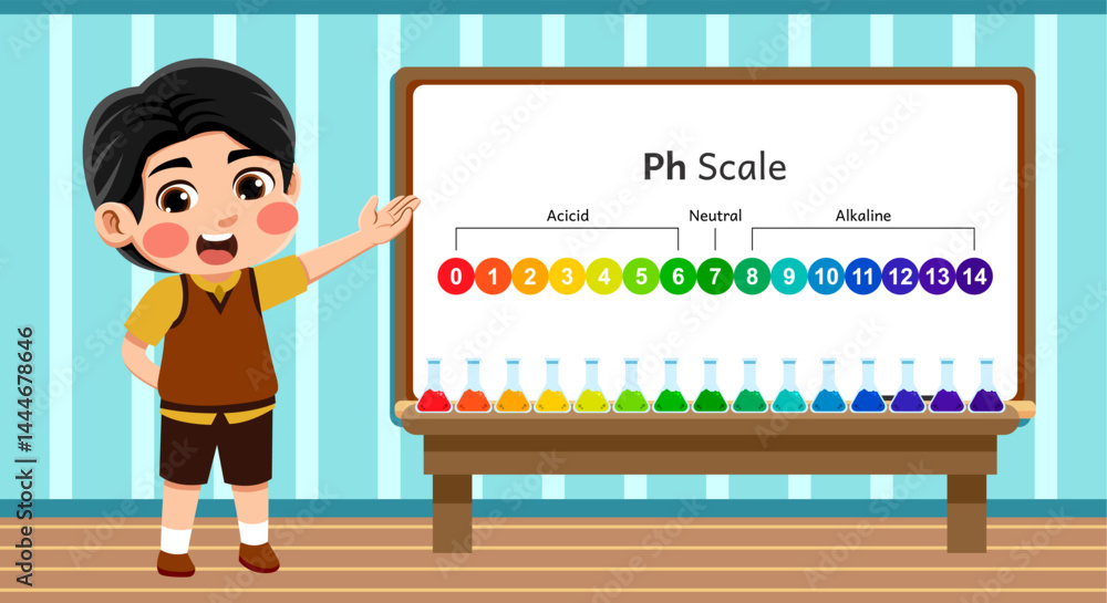 Vector illustration of a child with a PH scale theme and a classroom ...