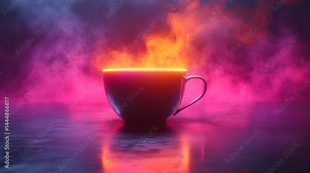 Hot drink steaming inside ceramic mug with steam rising in illuminated ...