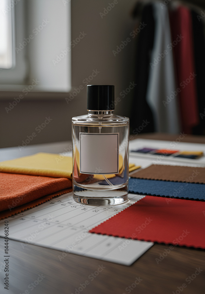 Perfume bottle, fabric swatches, and color palettes Stock Photo | Adobe ...