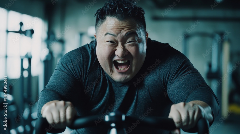 An Asian man with excess weight displays his muscles while working out ...