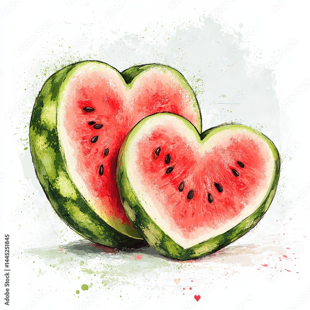 Two Watermelons in Heart Shape and Slice with Vibrant Red and Emerald ...