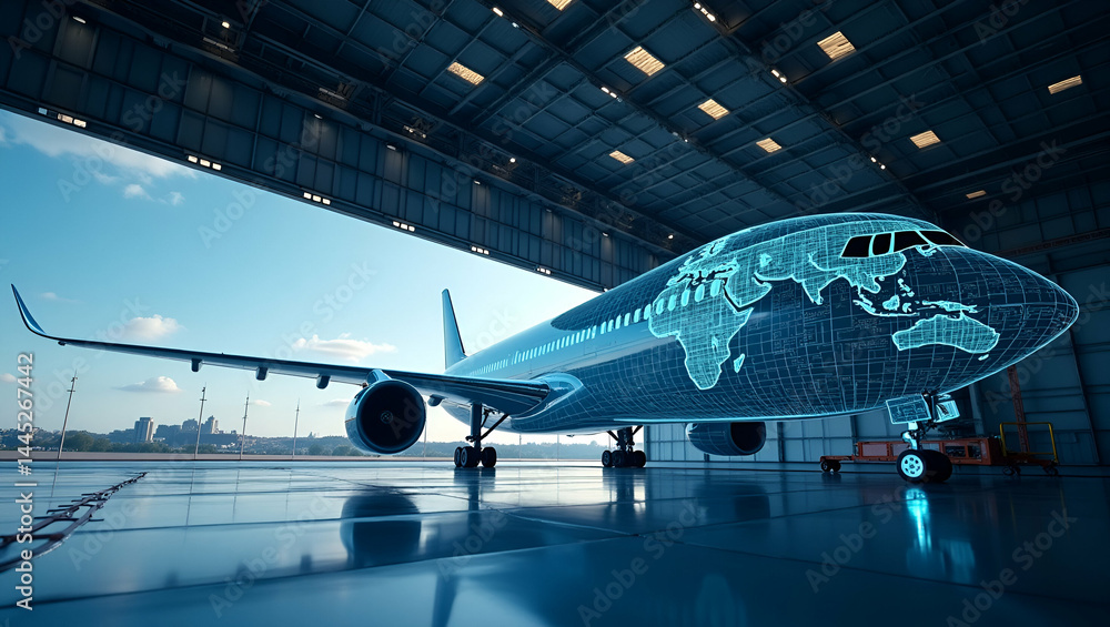 Technical diagram of commercial aircraft under maintenance hangar ...
