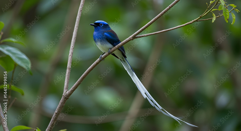 asian paradise-flycatcher perched in dense jungle setting with long ...