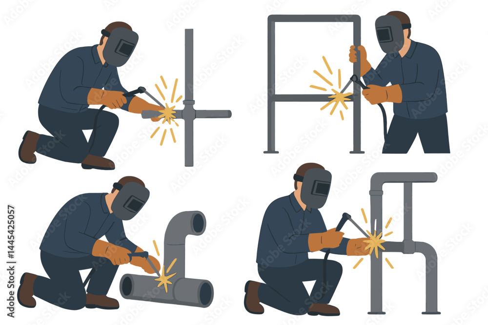 Craftsman performing various welding tasks on metal pipes and ...