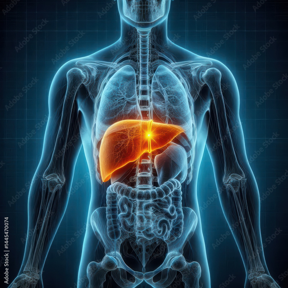 Detailed view of human anatomy highlighting the liver's position and ...