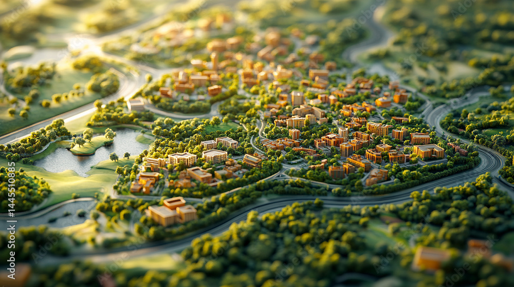 Miniature green city model with roads, buildings, and parks at sunrise ...