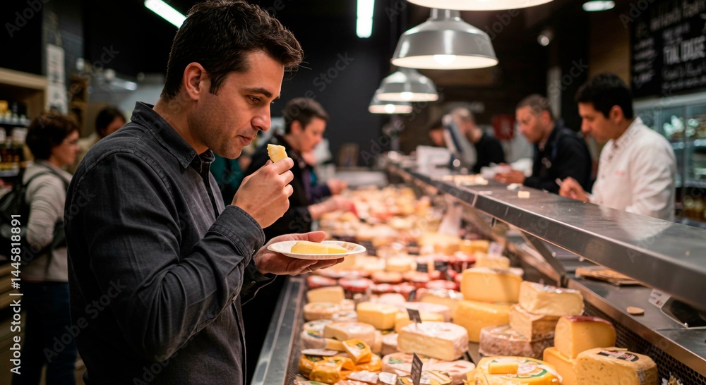 Man sampling cheese at a deli counter with various cheeses on display ...