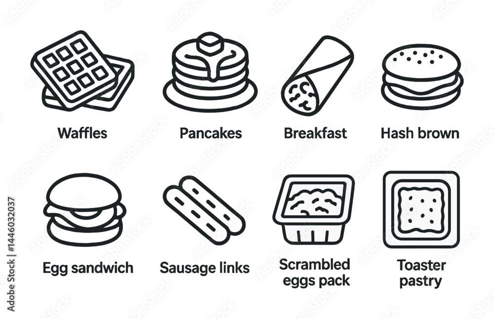 Breakfast food icon set – outline style morning meal, brunch, and snack ...