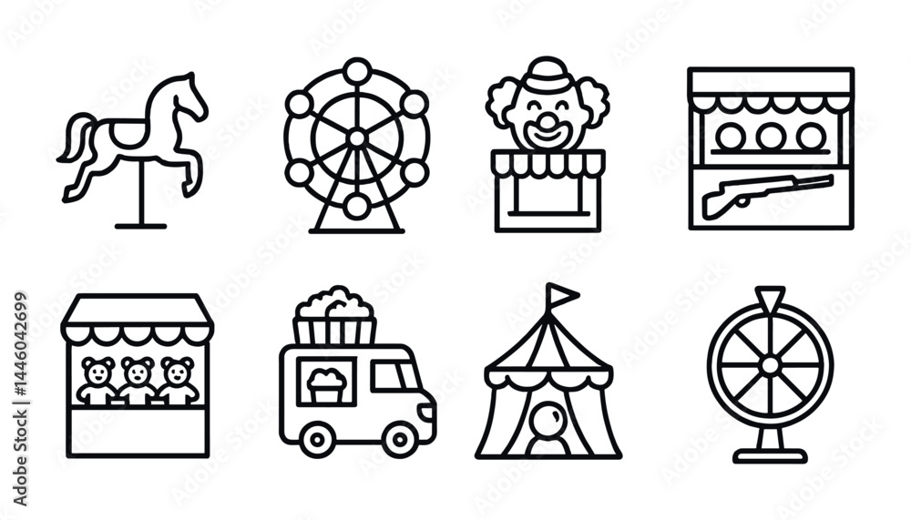 Amusement park outline icons - funfair, carnival, and festival symbols ...