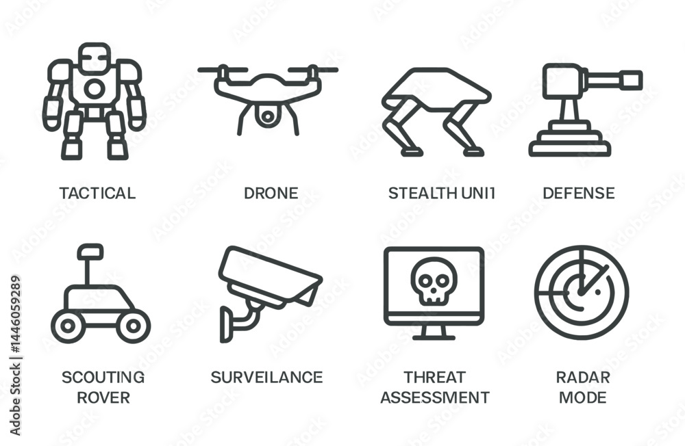 Stock-Vektorgrafik „Military technology outline icons set – tactical ...