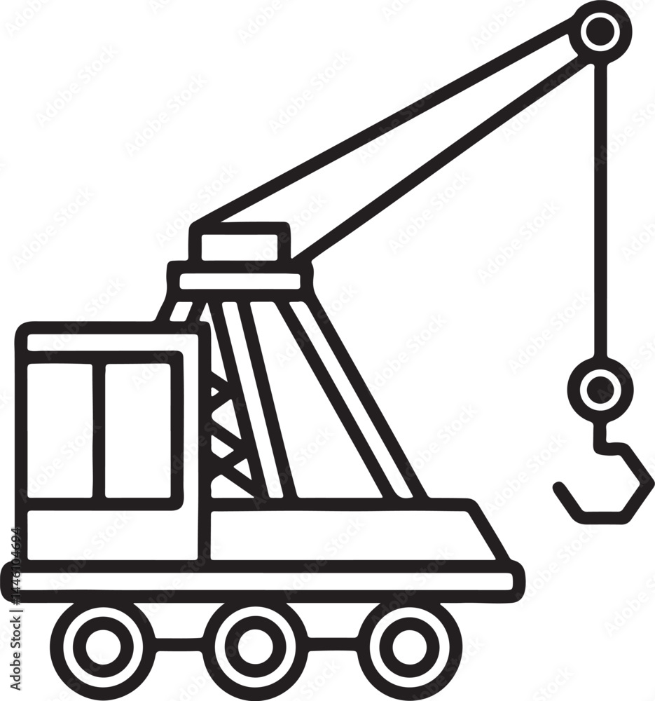 mobile crane machine line art, black outline, vector and illustration ...