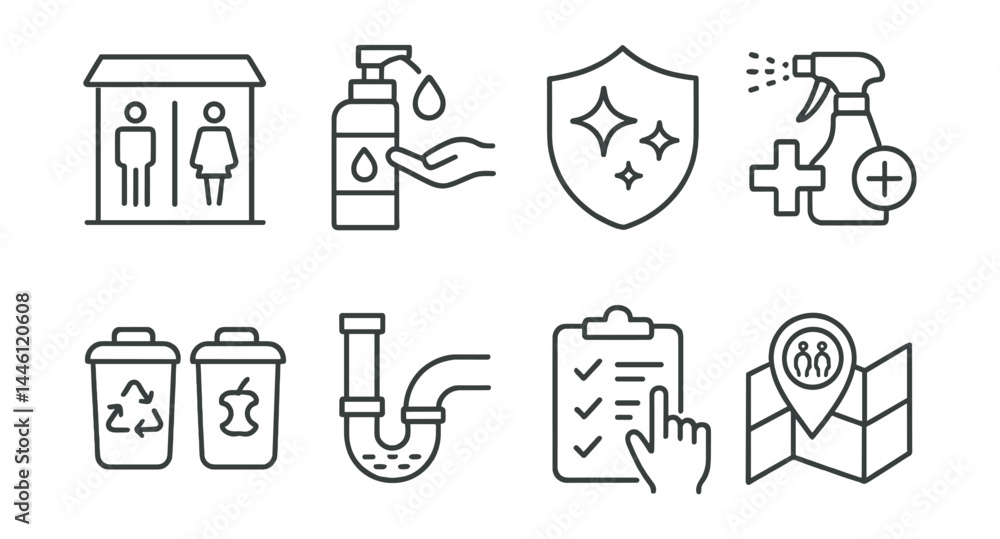 Line style icons of public sanitation: community toilet, hand sanitizer ...