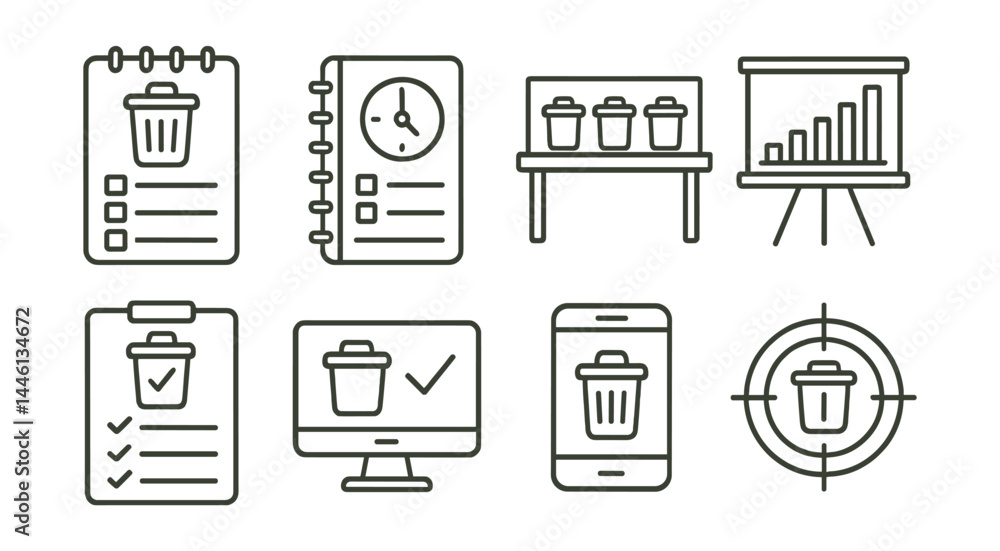 Line style icons of waste audit tools: trash log, waste diary, sort ...