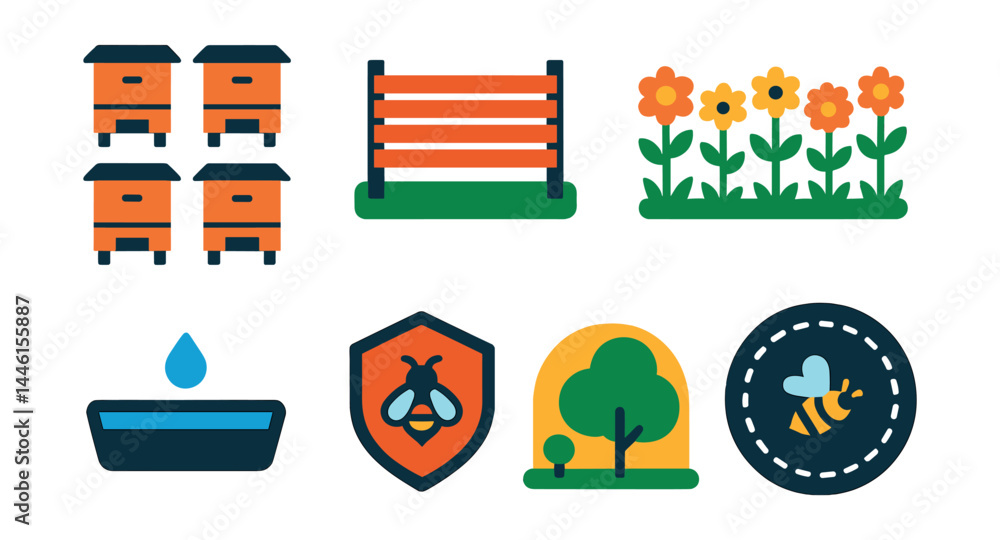 Flat vector icons of apiary layout and setup: multiple hive layout icon ...