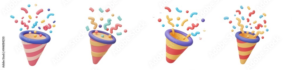Set Of 3D Party popper emoji with explosion confetti isolated ...