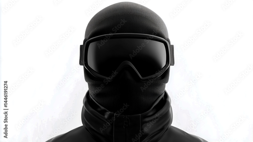 Black matte plastic ski mask, front view, white background, no shadow ...