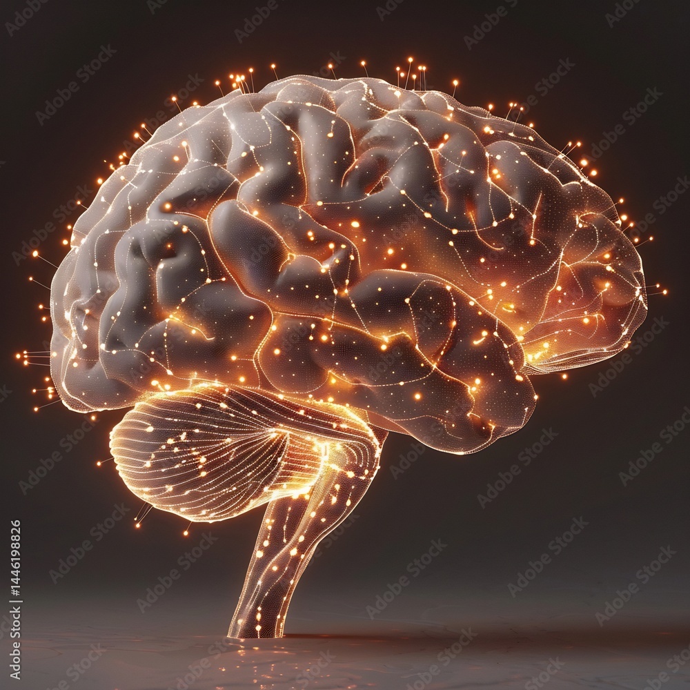 sites Clean wireframe model of a human brain with glowing points ...