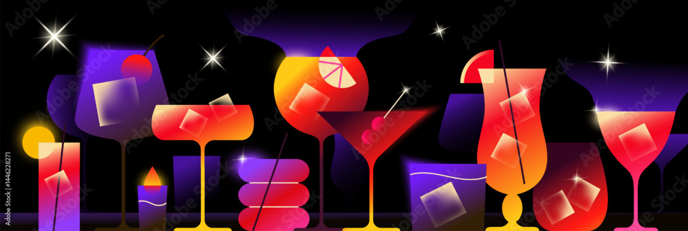 Night party banner. Geometric poster with colorful cocktails, glasses ...
