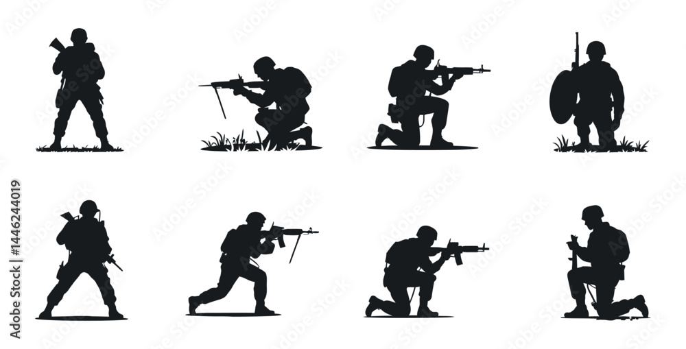 Set of soldier silhouettes in tactical combat poses with rifles and ...
