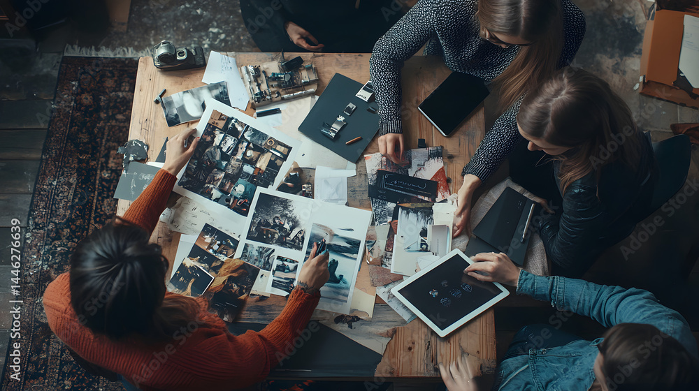 Planning Session: A birds-eye view of a table surrounded by a team of ...