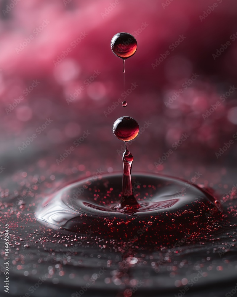 Flash flood warning abstract with red droplets frozen mid-air over dark ...