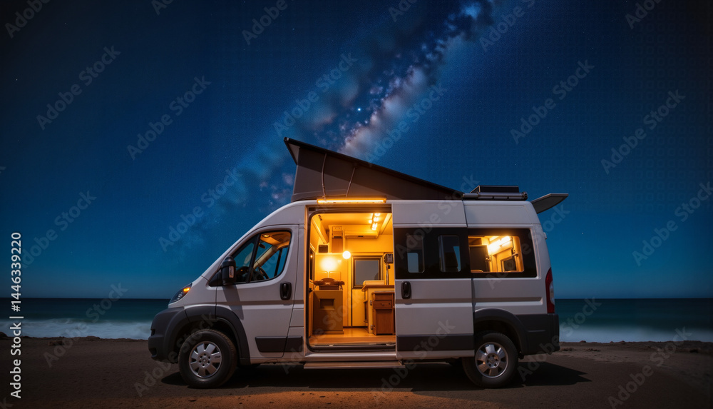 Camper van parked by the beach under a starry night sky with lights on ...