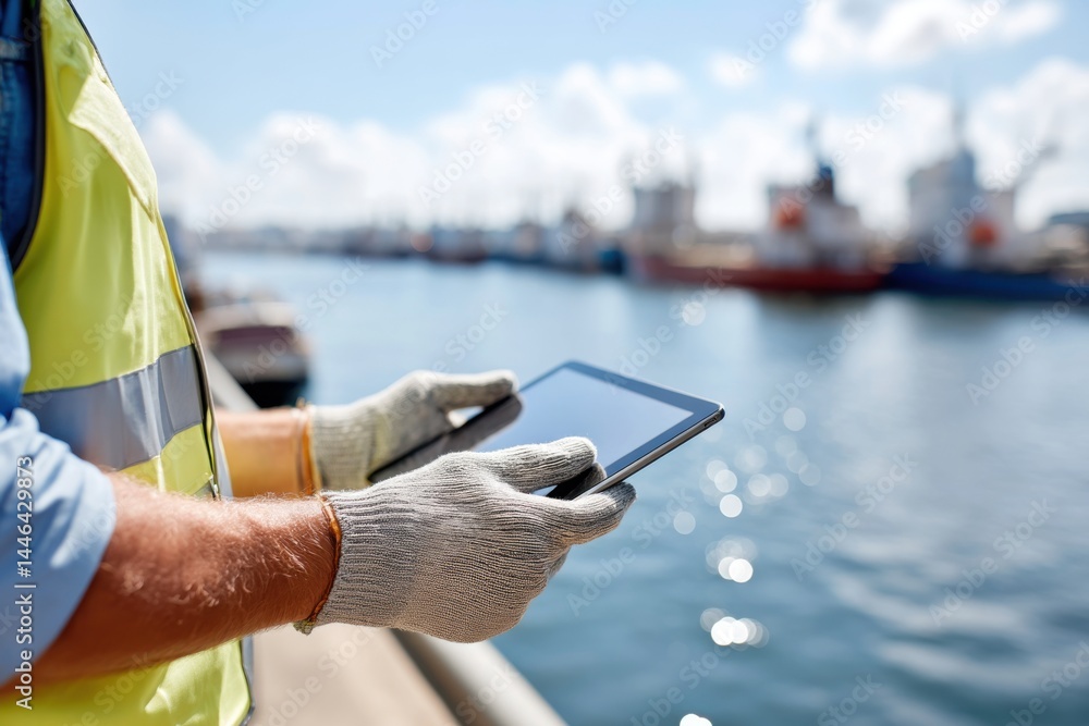 Dock worker using tablet near harbor with ships. Stock Photo | Adobe Stock