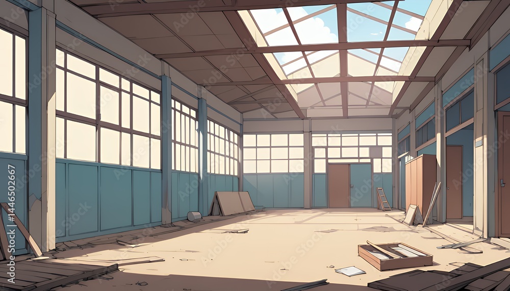 Anime Style Interior of Abandoned Industrial Building Bathed in ...